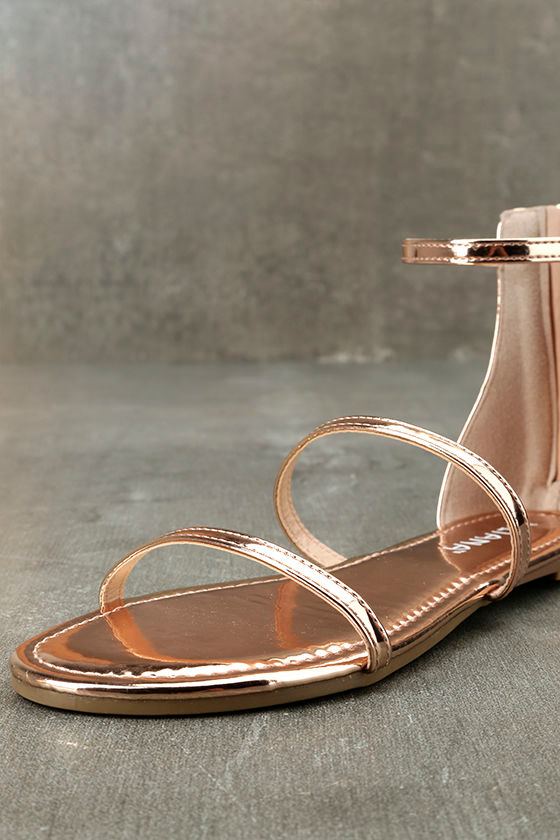 Cute Rose Gold Sandals - Metallic Flat Sandals - Rose Gold Ankle Strap ...