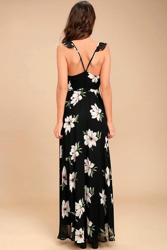 Lovely Black Floral Print Dress Wrap Dress High Low Dress