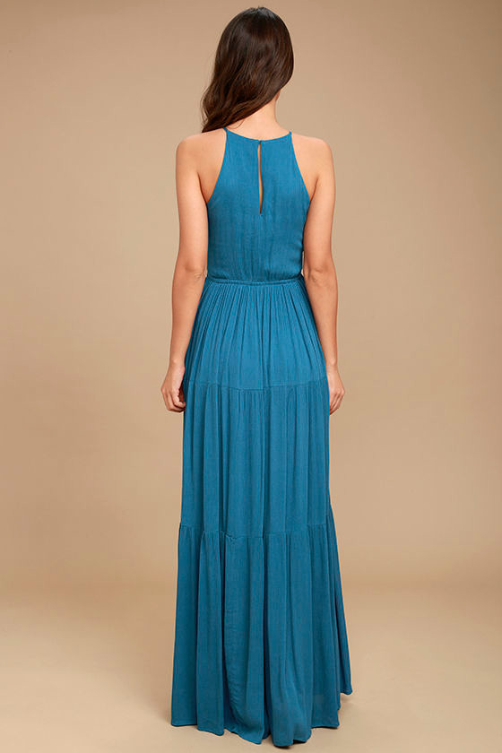 Lovely Teal Blue Maxi Dress - Embroidered Maxi Dress - Sleeveless Maxi ...