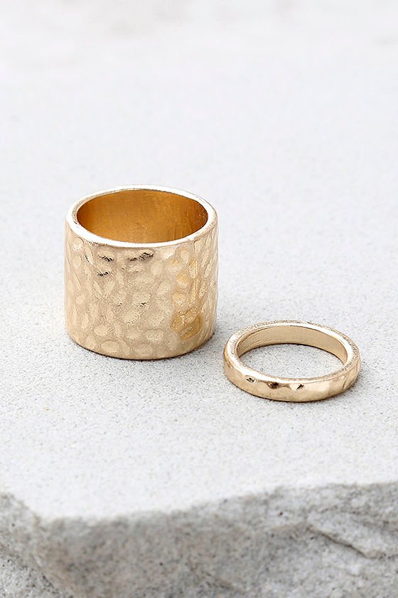 Pretty Gold Ring Set - Hammered Gold Ring Set - Boho Ring Set - $14.00