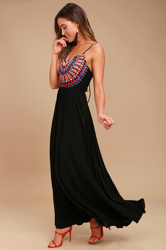 Boho Maxi Dress - Embroidered Maxi Dress - Black Maxi Dress - $76.00 ...