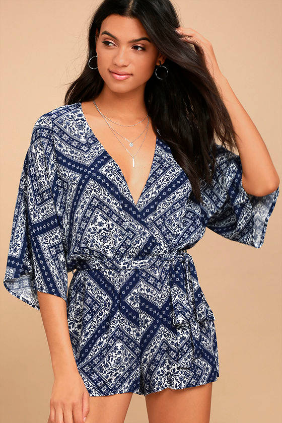 Cute Blue and White Romper - Print Romper - Short Sleeve Romper - $54. ...