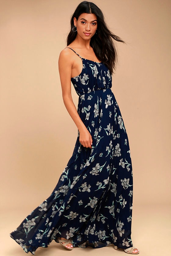 Lovely Navy Blue Dress Floral Print Dress Maxi Dress 98 00 Lulus