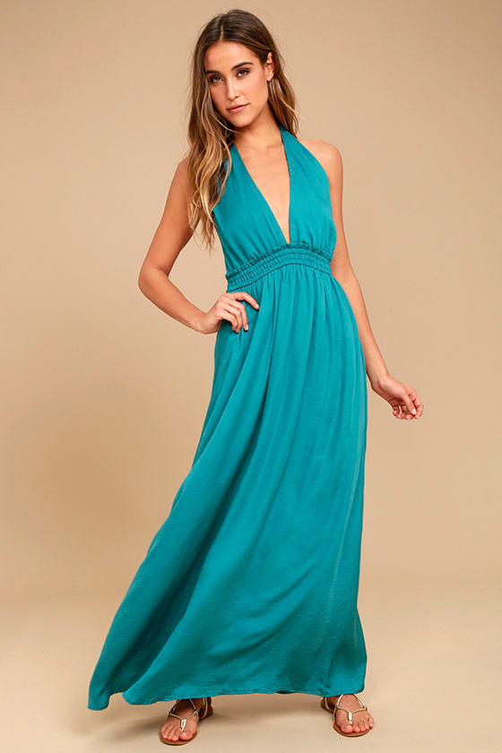 Lovely Teal Blue Dress Maxi Dress Satin Dress Halter Dress 59