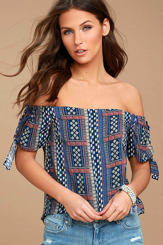 Boho Top - OTS TOP - Navy Blue Print Top - Off-the-Shoulder Top - $48. ...