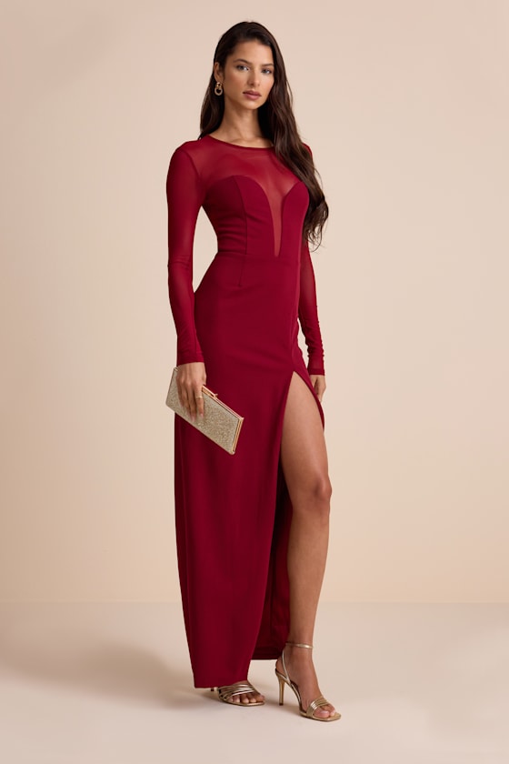 Burgundy Dress - Long Sleeve Maxi Dress - Sheer Décolletage Dress - Lulus