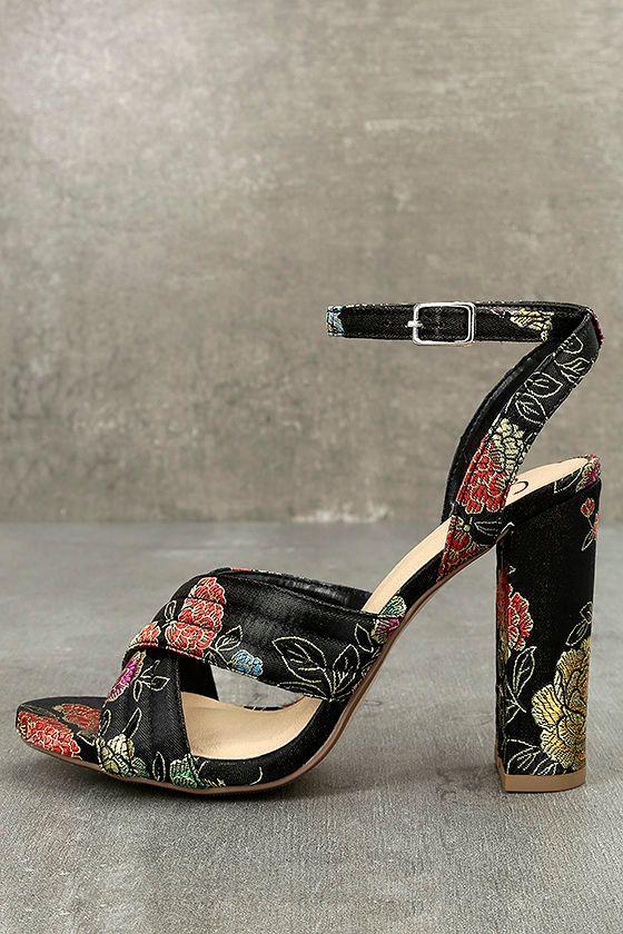 Pretty Brocade Heels - Ankle Strap Heels - Black Heels - $35.00 - Lulus