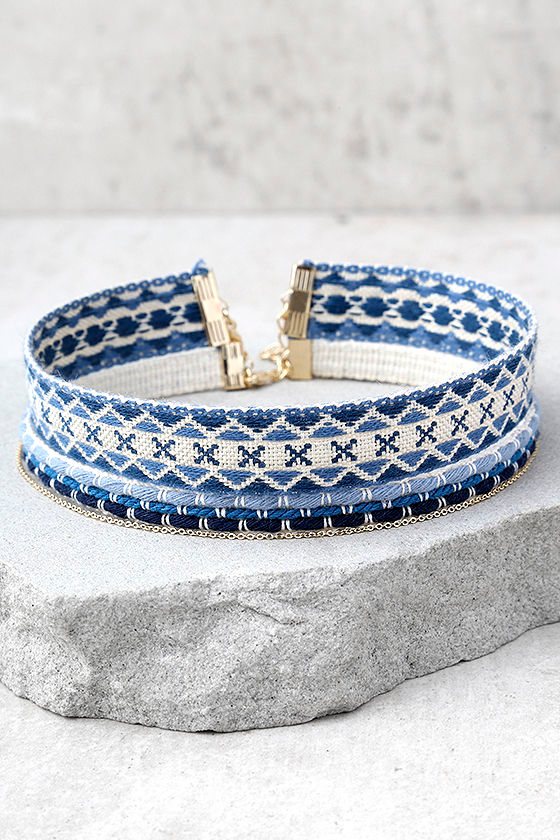 Cute Choker Necklace Set - Printed Choker Set - Blue and Gold Choker ...