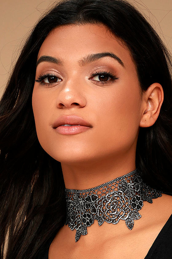 Lovely Black and Silver Lace Choker - Silver Choker Necklace - Lace ...