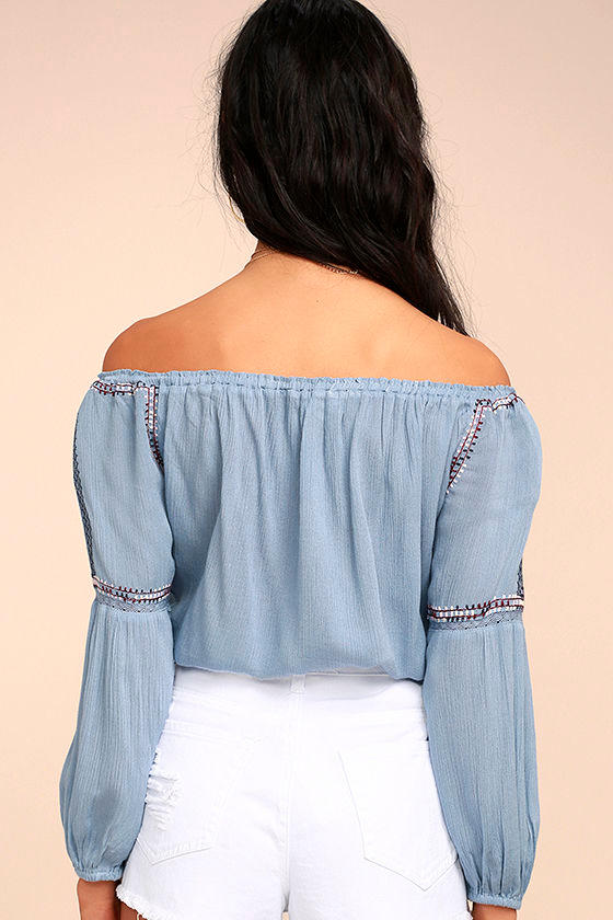Boho Denim Blue Top - Embroidered Top - Crop Top - Off-the-Shoulder Top ...
