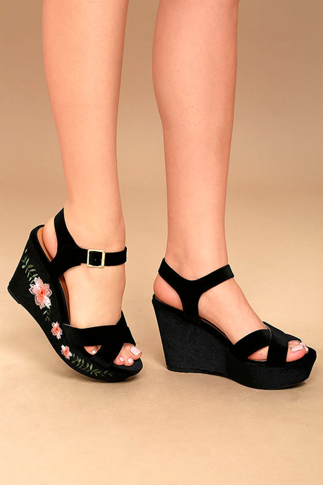 Cute Black Velvet Platforms - Black Wedges - Black Velvet Wedges ...