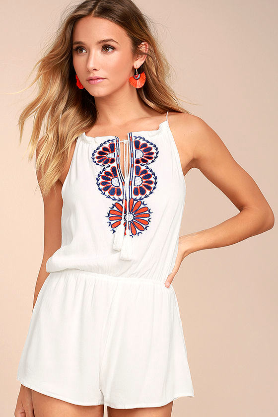 Fun Embroidered Romper - Ivory Romper - Red and Blue Embroidered Romper ...