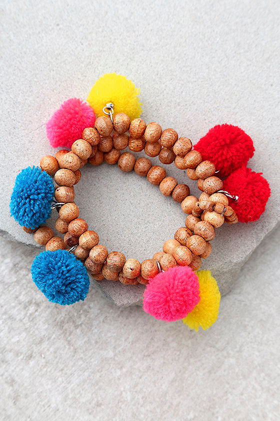 Cute Beaded Bracelet - Wood Bead Bracelet - Pom Pom Bracelet - $18.00