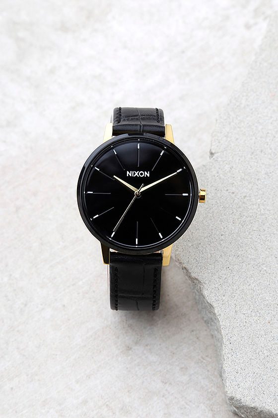 Nixon Kensington Leather Gold Watch - Black Watch - Lulus