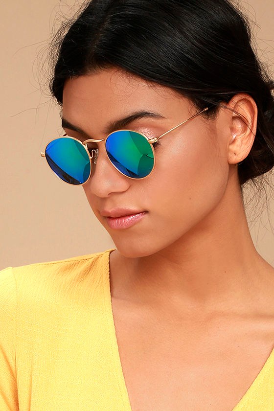Perverse Orleans Gold And Green Mirrored Sunglasses Round Sunglasses 5800 Lulus