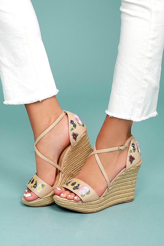 Cute Beige Wedges - Espadrille Wedges - Embroidered Wedges - $47.00 - Lulus