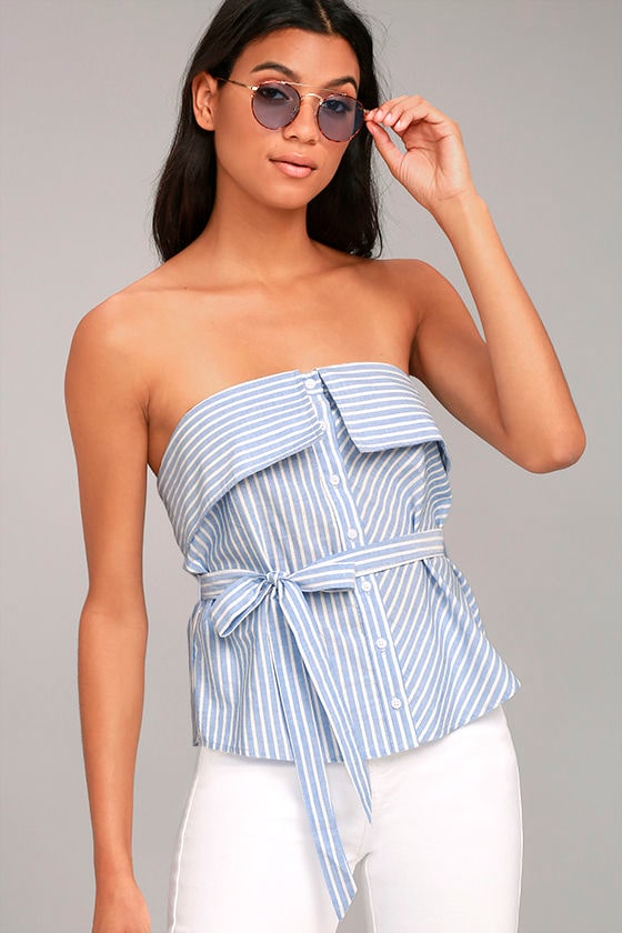 Cute Blue and White Top - Striped Top - Strapless Top - Button-Up Top ...