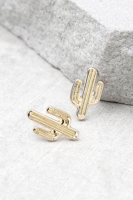 Trendy Gold Boho Earrings - Gold Cactus Earrings - Stud Earrings - $10. ...