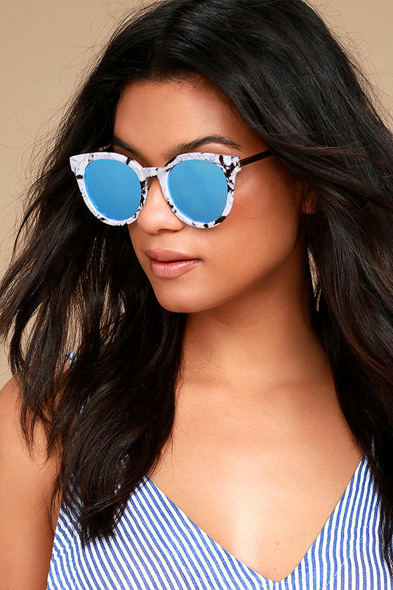 Cool White and Blue Sunglasses - Marbled Sunglasses - Mirrored ...