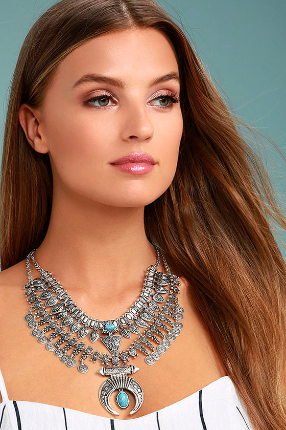 Stylish Turquoise and Silver Necklace - Silver Statement Neckalce ... Stylish Turquoise and Silver Necklace - Silver Statement Neckalce ...