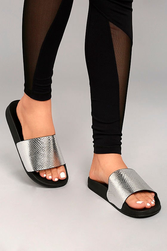Trendy Slide Sandals - Metallic Silver Sandals - Slide Sandals - Silver ...