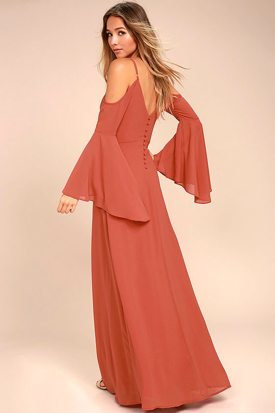 Stunning Rusty Rose Dress - Off-the-Shoulder Maxi Dress - Cold Shoulder ...
