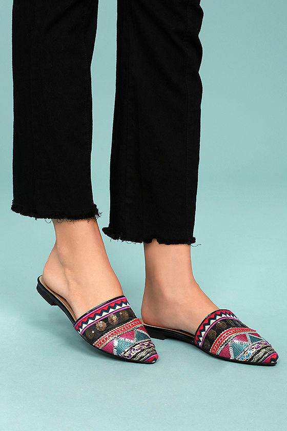 Cute Black Embroidered Mules - Embellished Mules - Pointed Toe Mules ...