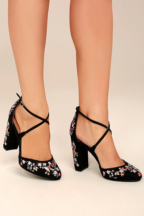 Cute Embroidered Heels - Ankle Strap Heels - Floral Heels - Vegan Heels ...