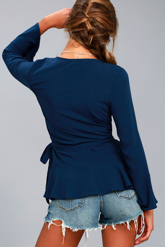 Chic Navy Blue Top - Wrap Top - Long Sleeve Top - Wrap Blouse - $46.00