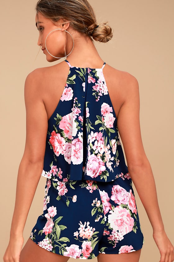 Navy Blue Romper - Floral Print Romper - Sleeveless Romper - Lulus