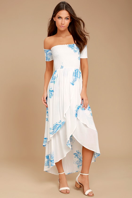 Lucy Love Barefoot - White Print Dress - Off-the-Shoulder Dress - High ...