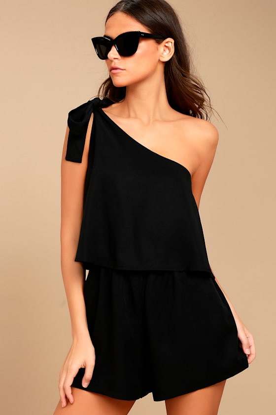 Chic Black Romper - One-Shoulder Romper - Tie Shoulder Romper ...