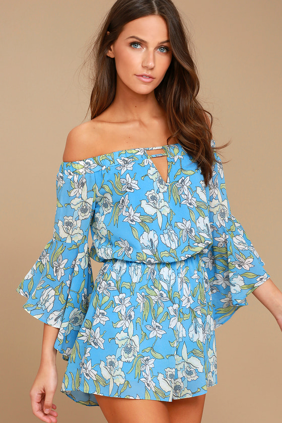 Cute Light Blue Romper Floral Print Romper Off The Shoulder Romper