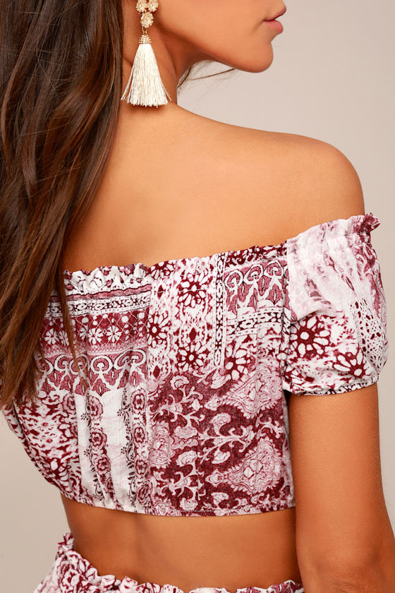 Cute Burgundy Top - Off-the-Shoulder Top - Crop - Print Top