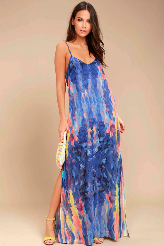 Cool Royal Blue Print Maxi Dress - Watercolor Print Maxi Dress - Lulus