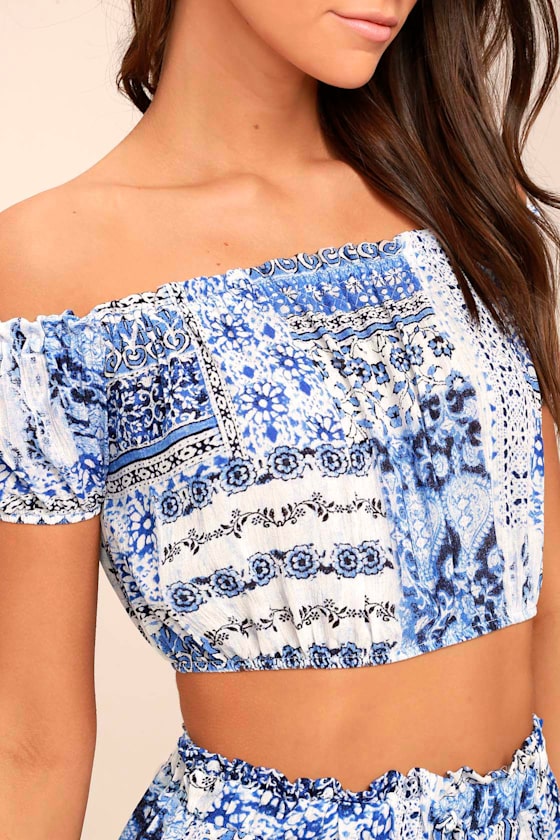 Cute Blue Top - Off-the-Shoulder Top - Crop Top - Print Top - Lulus