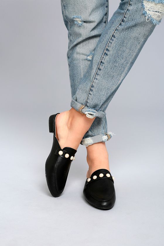 Chic Black Loafer Slides - Pearl Loafer Slides - Vegan Loafer Slides ...