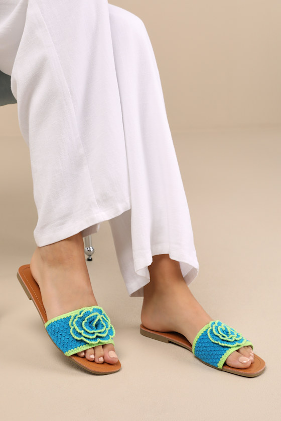 Blue and Green Sandals - Slide Sandals - Crochet Flower Sandals - Lulus