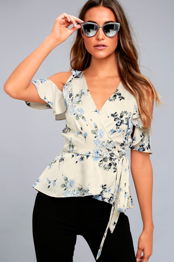 Chic Beige Floral Print Top - Wrap Top - Cold Shoulder Top - OTS Top ...