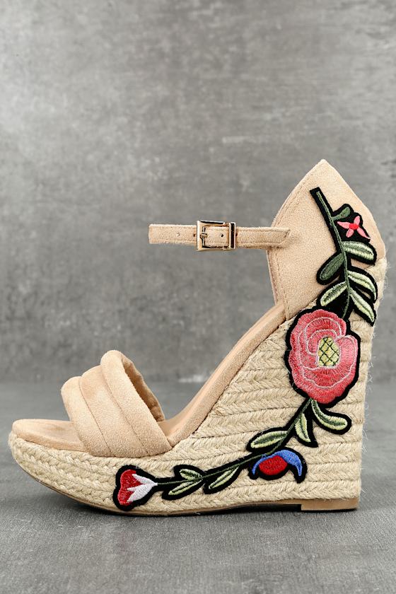 Cute Espadrille Wedges - Beige Wedges - Vegan Wedges - Embroidered ...