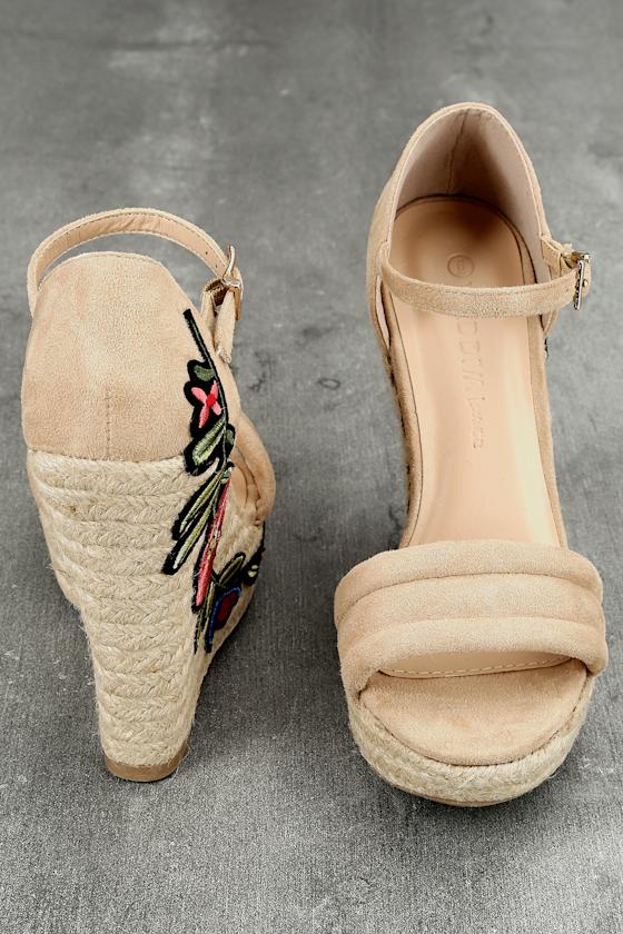 Cute Espadrille Wedges - Beige Wedges - Vegan Wedges - Embroidered Wedges