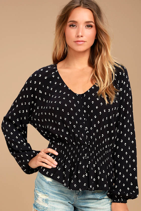 Billabong Play Day Top - Black Print Top - Long Sleeve Top - Black ...