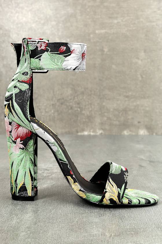 Pretty Brocade Heels - Ankle Strap Heels - Black Heels