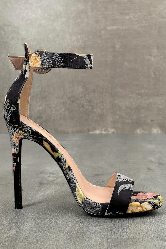 Pretty Brocade Heels - Black Ankle Strap Heels - Black Heels