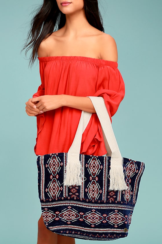 Billabong Lucky Me Tote - Navy Blue Embroidered Tote - Embroidered Tote ...