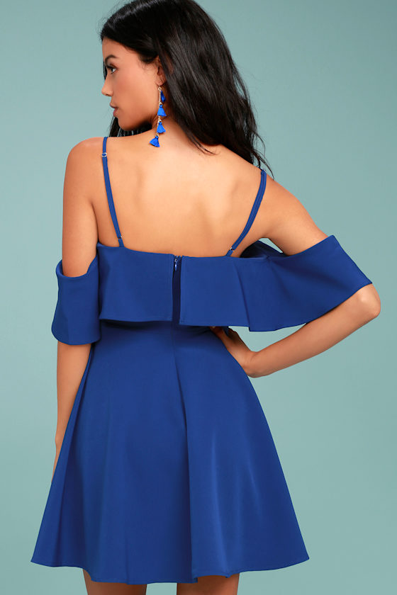 Cute Royal Blue Dress - Skater Dress - Off-the-Shoulder Dress