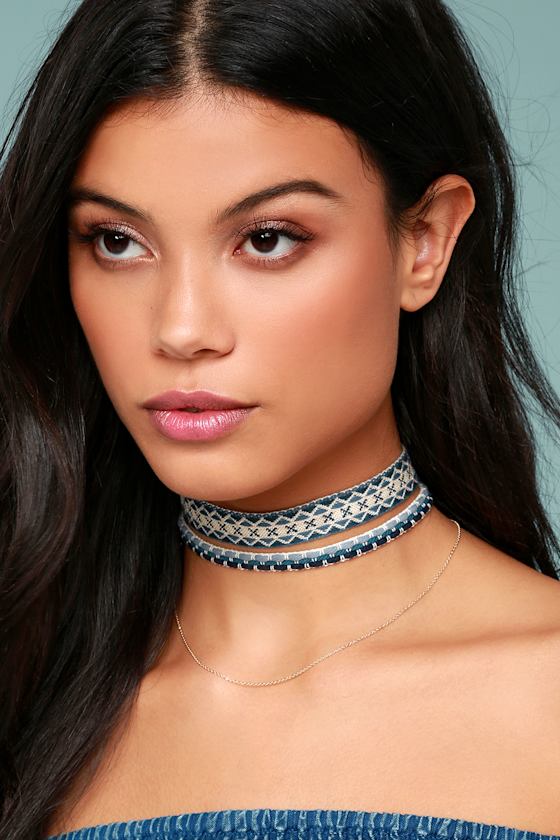 Cute Choker Necklace Set - Printed Choker Set - Blue and Gold Choker ...