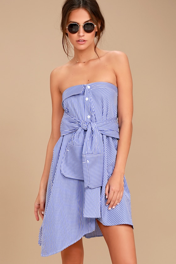Cool Blue Striped Dress - Strapless Collared Dress - Lulus