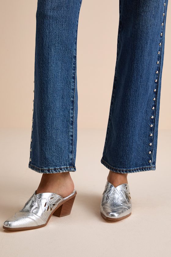 Shiny Silver Mules - Western Mule Pumps - Seamed Mule Slides - Lulus