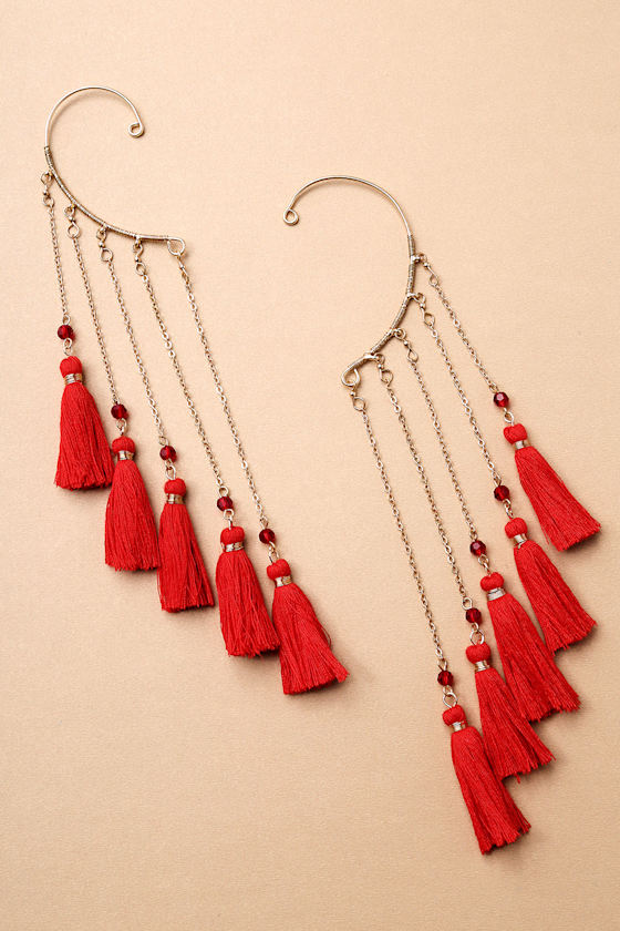 Boho Gold and Red Ear Cuff - Tassel Ear Cuff